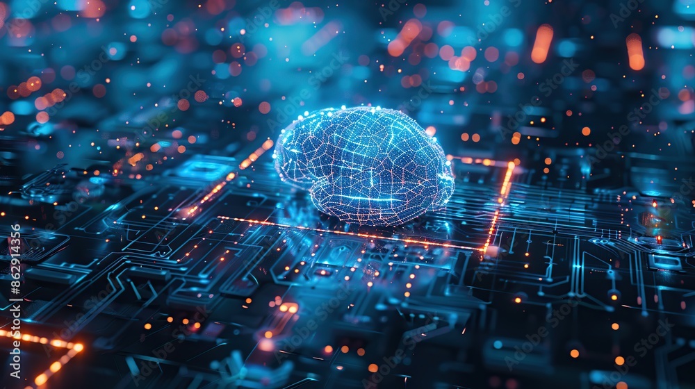 Futuristic computer chip with virtual brain on top with electronic ...
