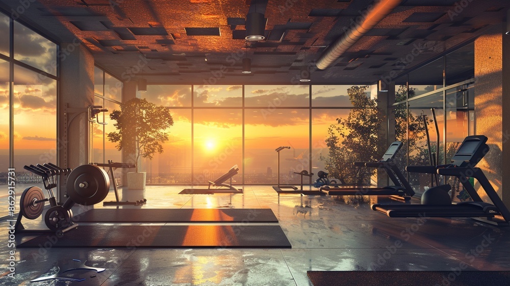 Modern fitness center with panoramic windows offering a stunning view ...