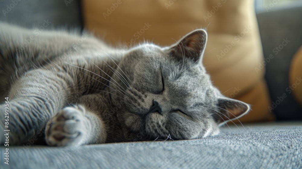 British Short Hair cat napping on a sofa in an Edinburgh flat looking ...