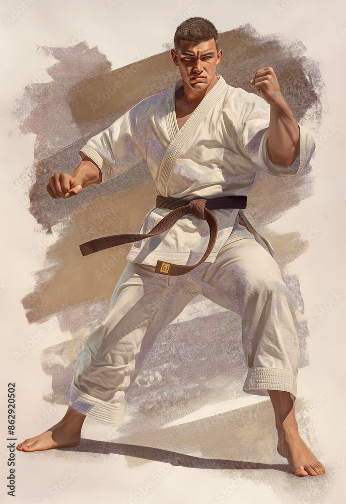 Full-Body Painting of Sports Athlete Performing a Turning Kick in ...