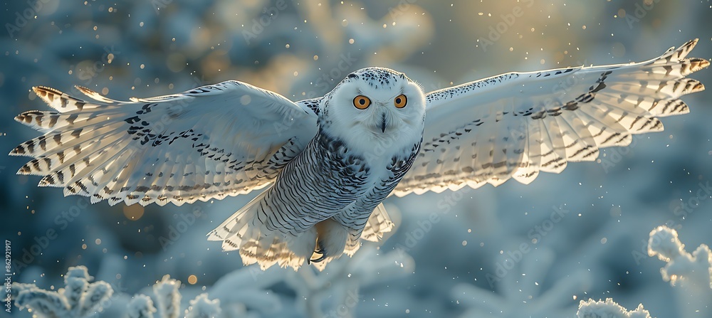 Snowy owl in midflight against a crisp blue winter sky displaying its ...