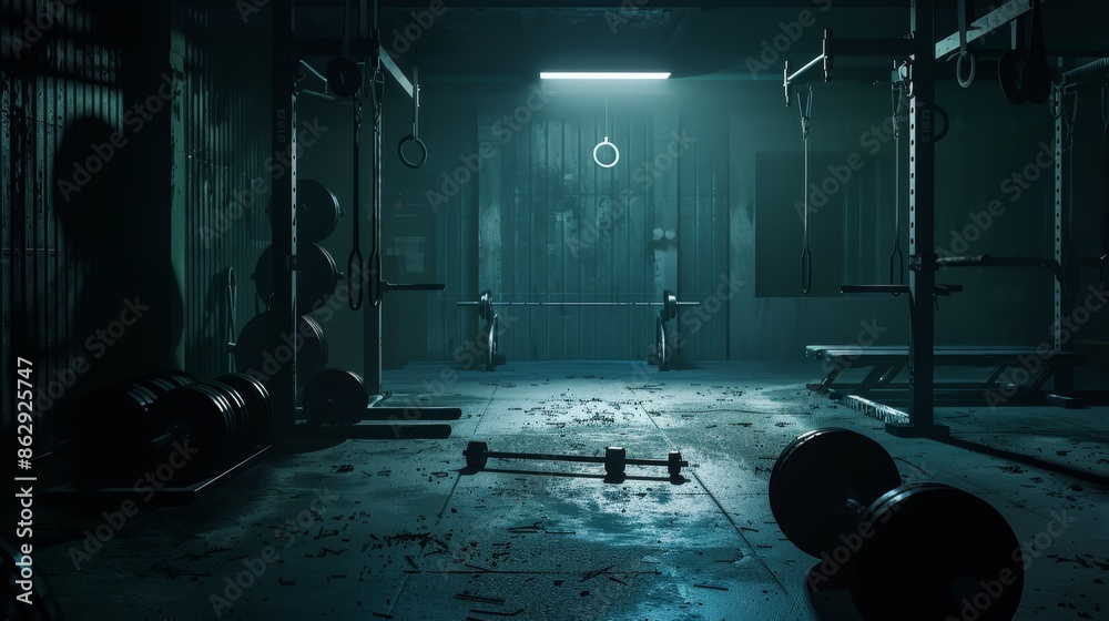 Moody depiction of a powerlifting gym cloaked in shadows, empty ...