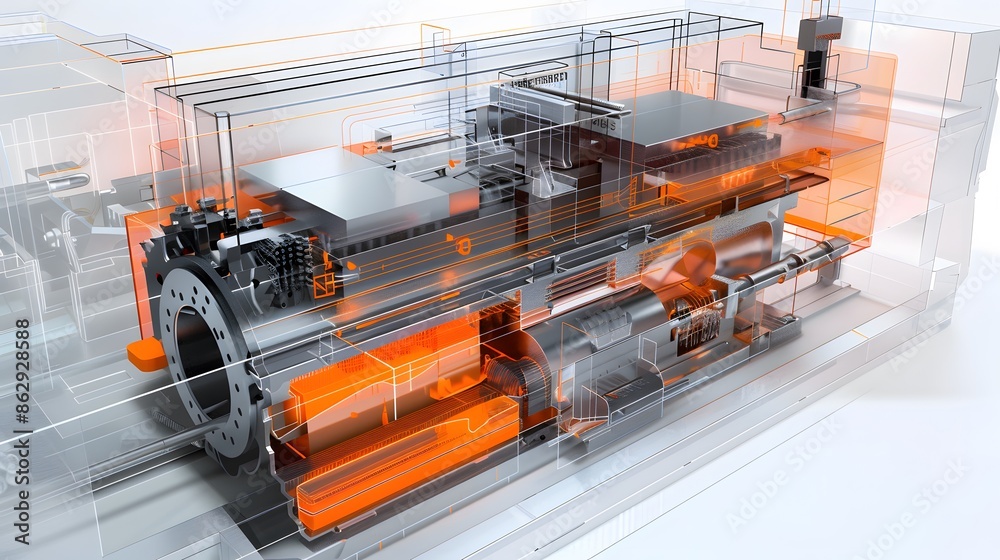 A red and white machine with a lot of parts. The machine is a large ...