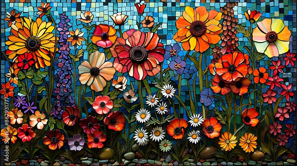 A stained glass mosaic of meadow wildflowers, vibrant mix of colorful ...