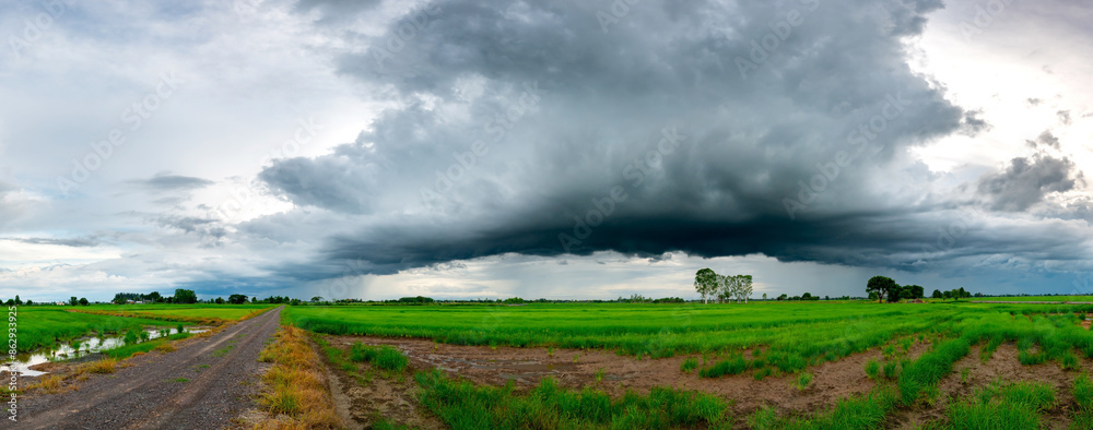 Panorama Super storm with sun light , Dark sky and dramatic black cloud ...