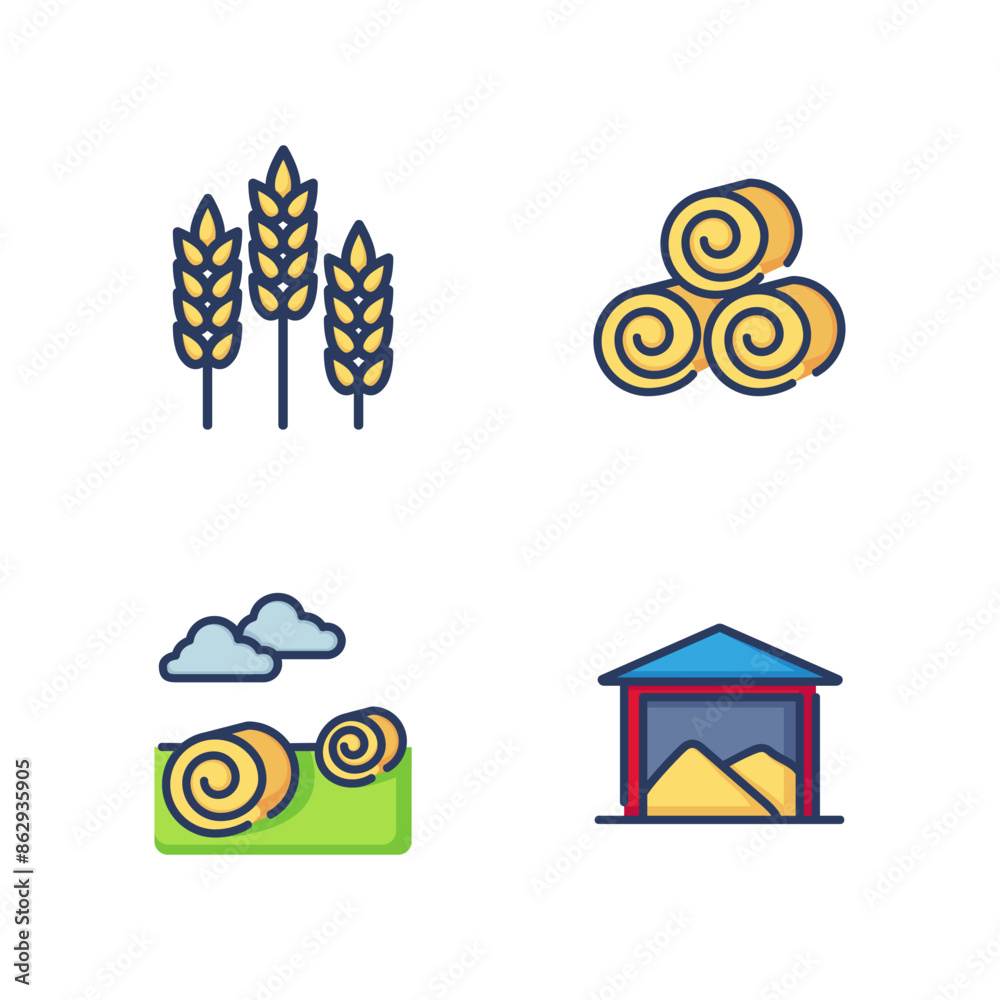 Wheat line icon set. Sowing of grain crops and harvesting, haystacks ...