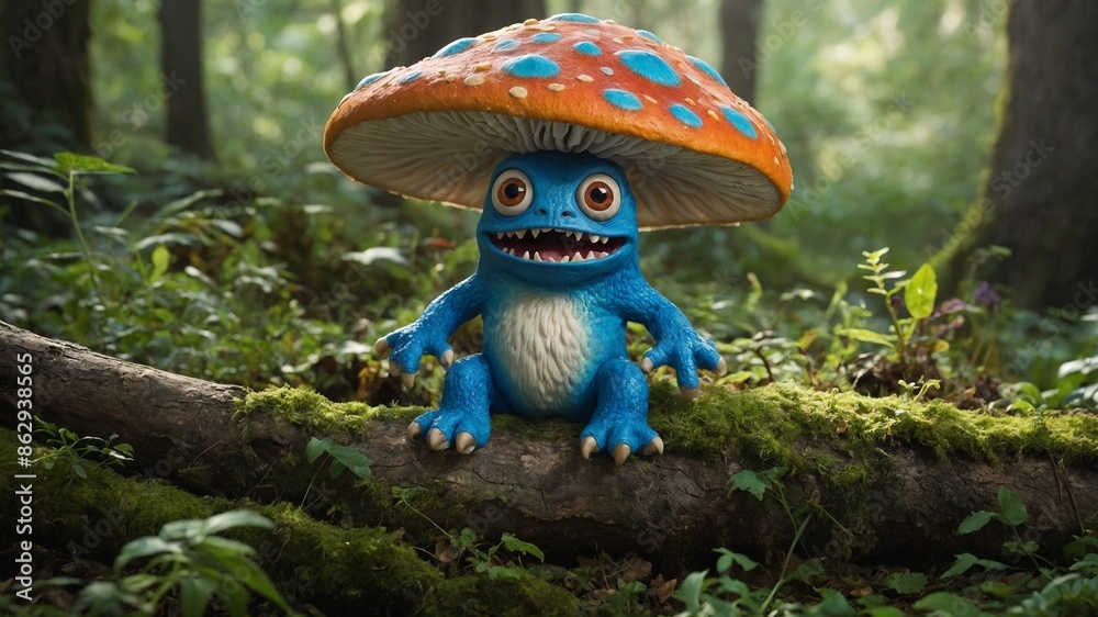 Blue creature with large, orange mushroom cap as hat sits on moss ...