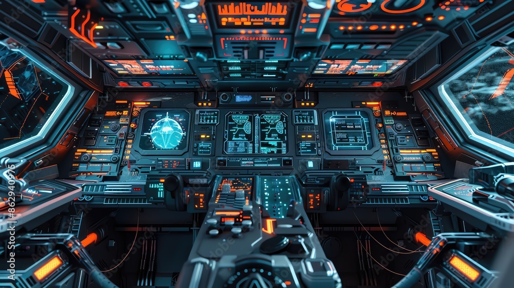 Futuristic spaceship cockpit with advanced controls, illuminated displays, and high-tech ...