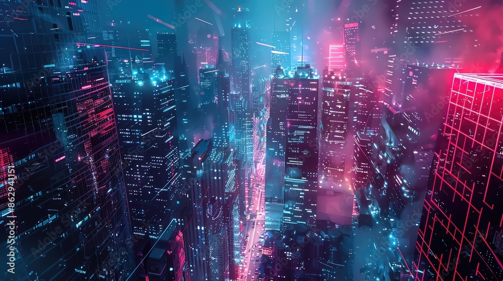 Futuristic cyberpunk cityscape with neon lights illuminating towering ...