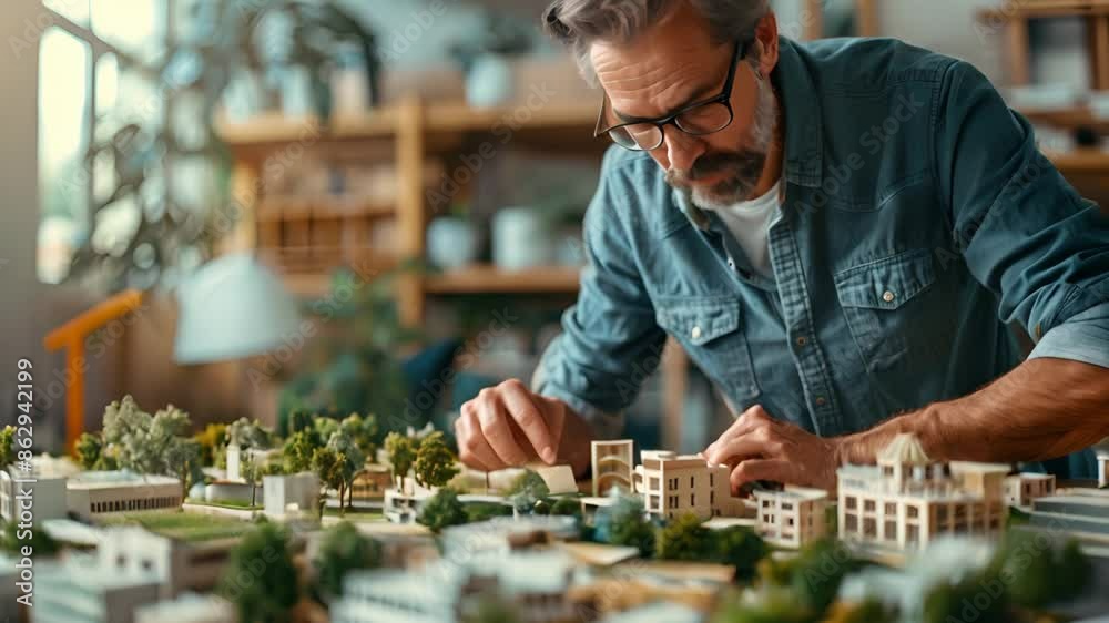 An architect meticulously works on a detailed miniature model of a ...