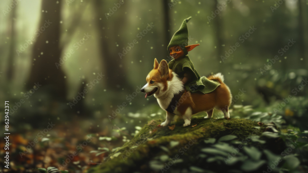 Cartoon illustration of Elf riding a corgi in a mystical green forest ...