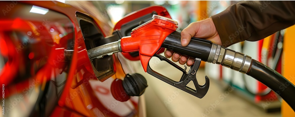 Person refueling a car at a gas station, with the fuel pump in view ...