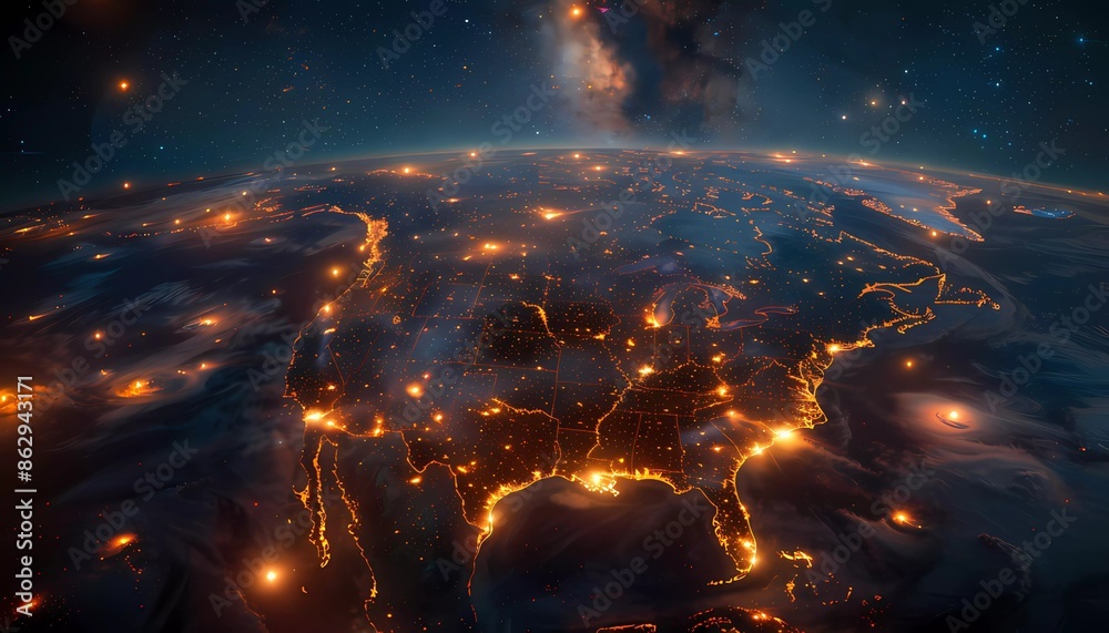 Digital Constellation, North America with constellations of glowing ...