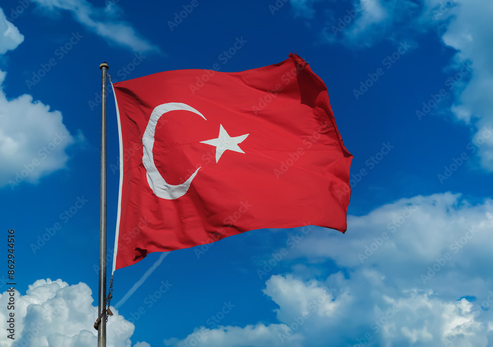 Turkish flag, on a red background white star and moon. Turkish flag ...