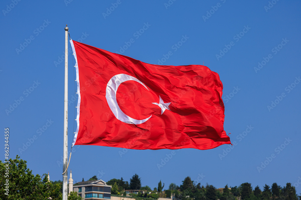 Turkish flag, on a red background white star and moon. Turkish flag ...