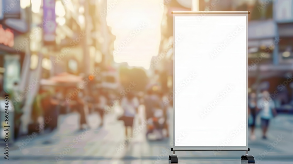 blank rollup banner mockup with blurred public place background ...