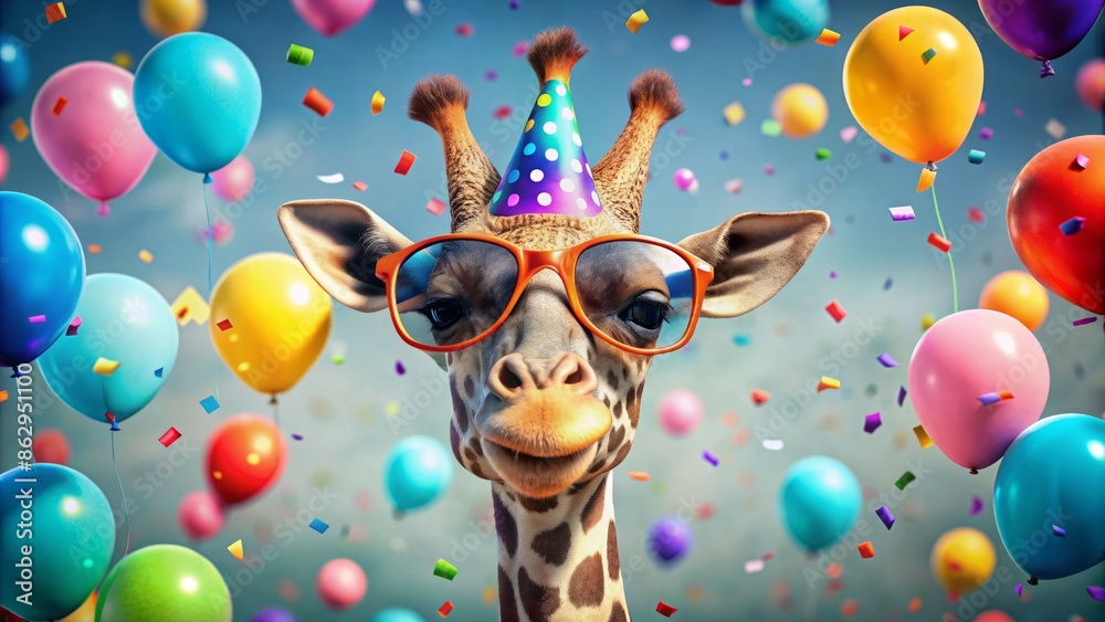 A whimsical giraffe wearing a colorful party hat and oversized ...
