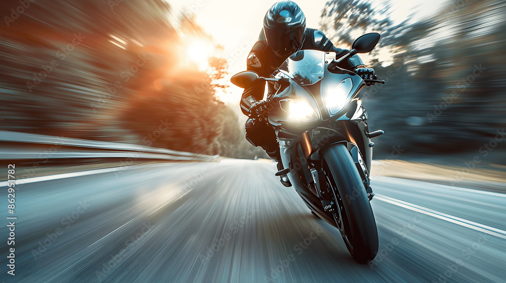 Head-on view of powerful motorcycle with headlights on and rider in ...