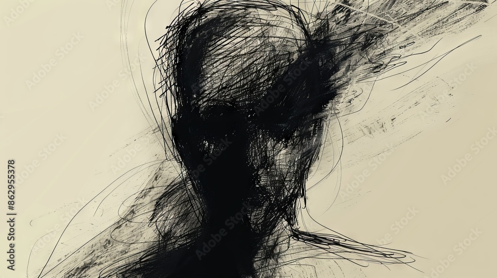 The image is a pencil drawing of a human face. The face is in shadow ...