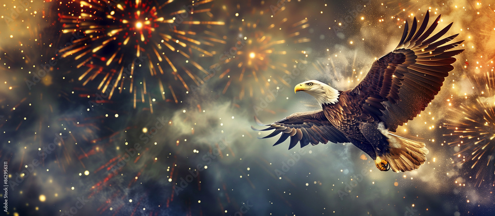 Bald eagle in mid-flight with fireworks exploding in the background ...