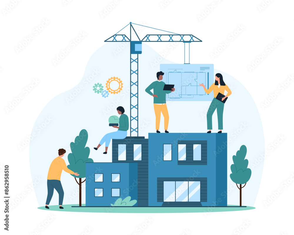 Building house process at construction site, work with floor plan. Tiny ...