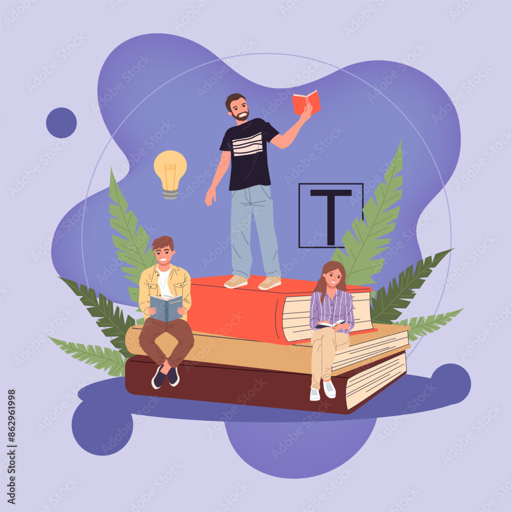 Happy people reading books. Students on stack of books, studying ...