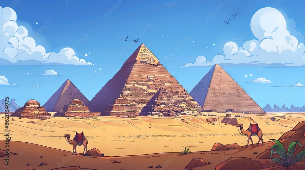 The image shows the Giza pyramid complex in Egypt. The image shows the ...