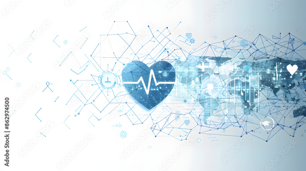 healthcare performance metrics, heartbeat and health icons in soft blue ...