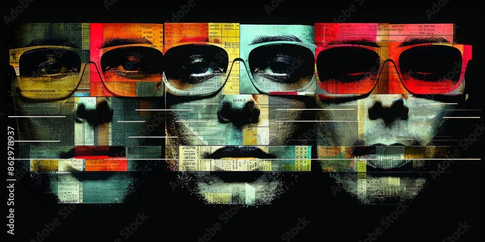 Artistic collage of faces with various eye expressions behind colorful ...
