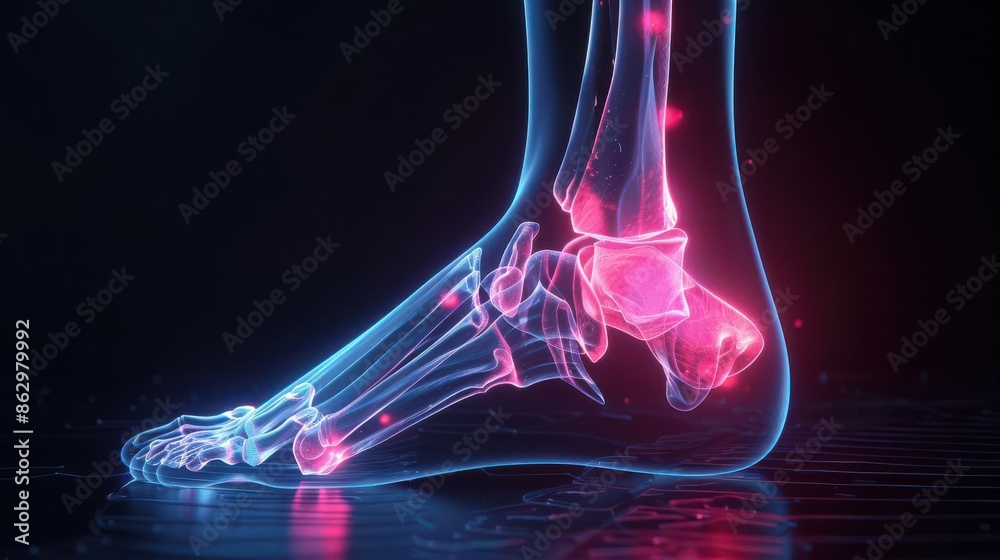 X-ray of ankle bones with inflamed spots in red, X-ray ankle ...