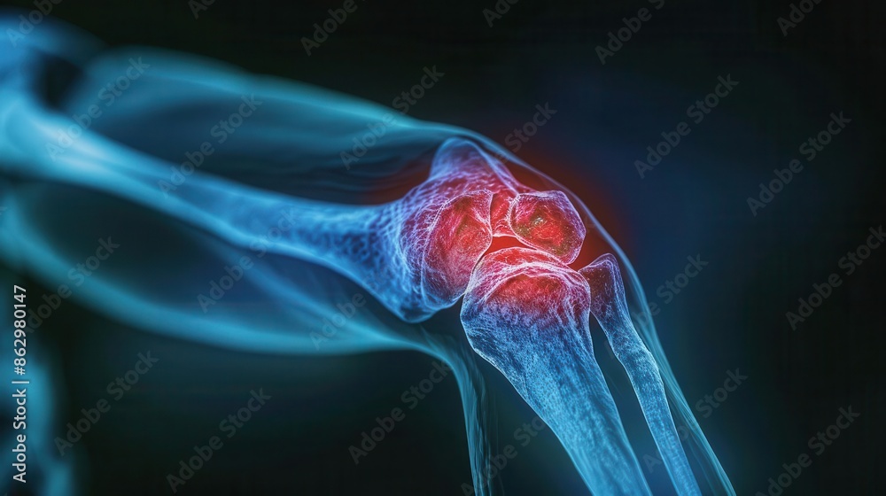 X-ray of elbow joint showing inflamed areas in red, X-ray elbow ...