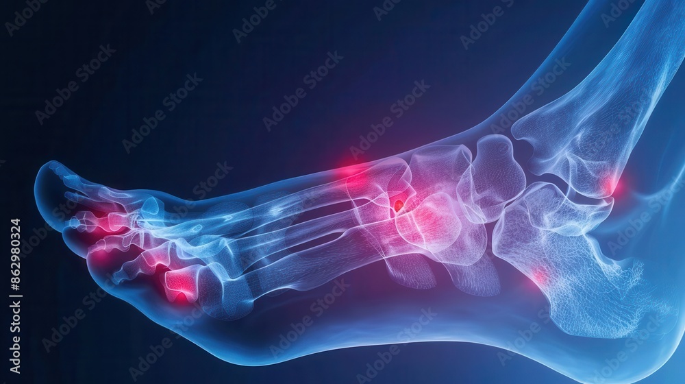 X-ray of foot with red inflammation spots, X-ray foot inflammation ...