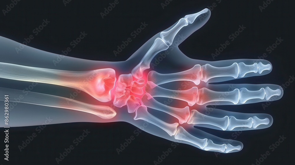 X-ray of hand bones with inflamed joints in red, X-ray inflamed hand ...