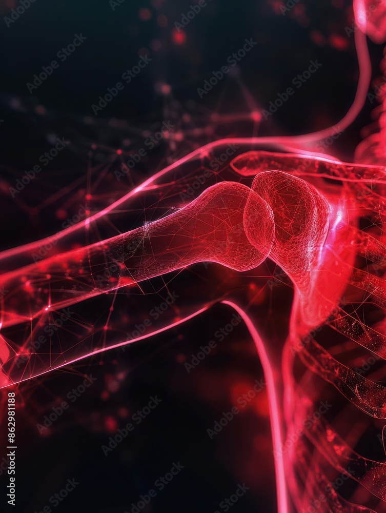 X-ray of upper arm bones with red-highlighted inflammation spots, X-ray ...