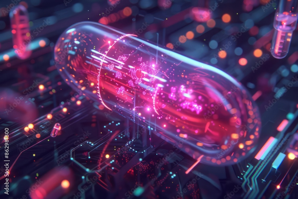 A futuristic scene of a glowing capsule containing neoncolored nanobots and particles, floating ...