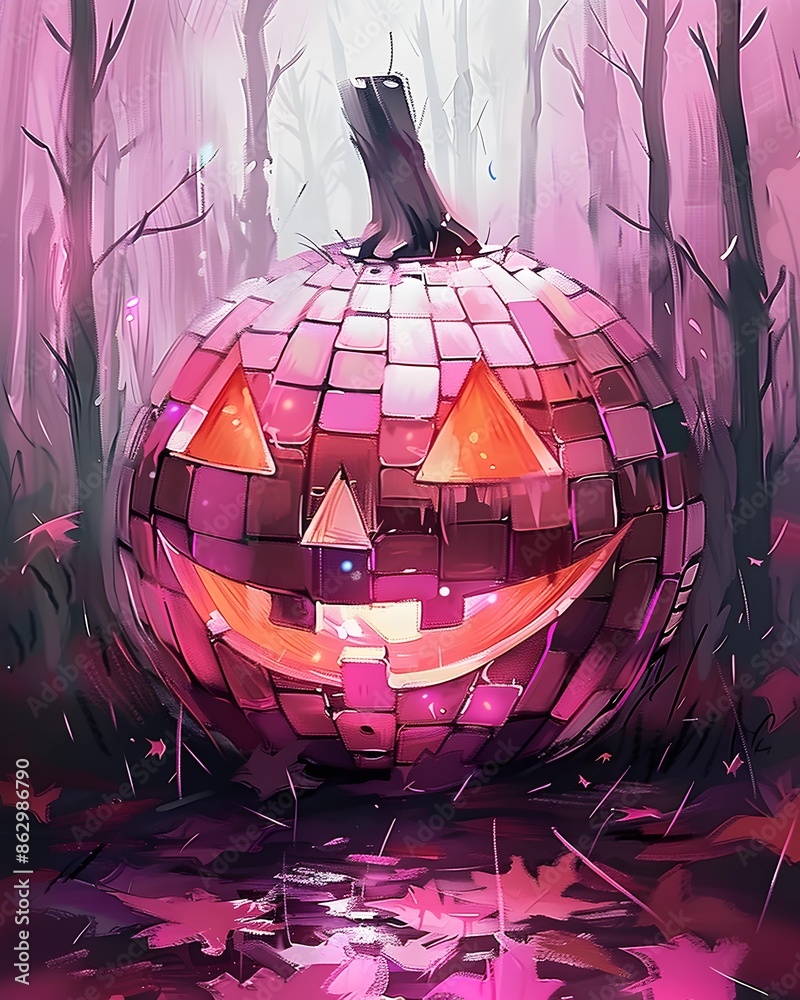 painting illustration, pink jack o'lantern disco ball with glowing eyes ...