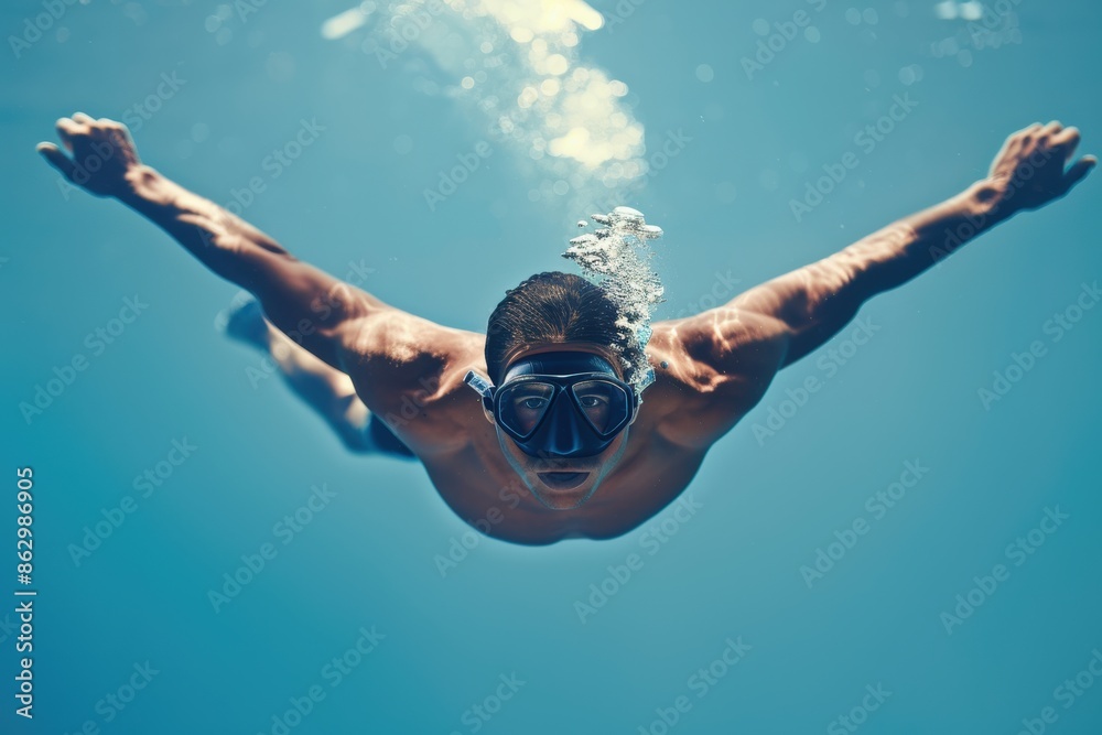 Professional swimmer mid-stroke, backlit in a dimly lit studio ...