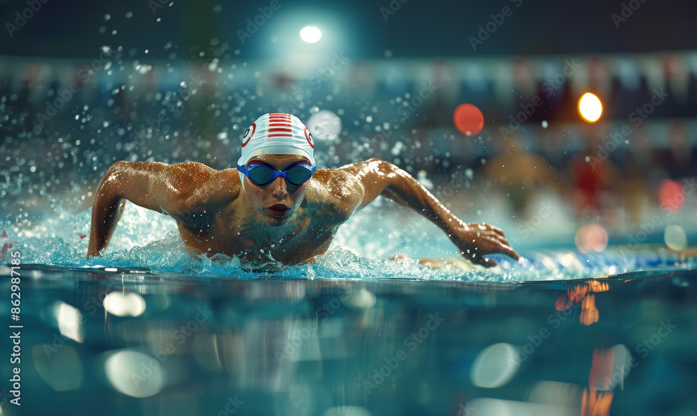 Professional swimmer mid-stroke, backlit in a dimly lit studio ...