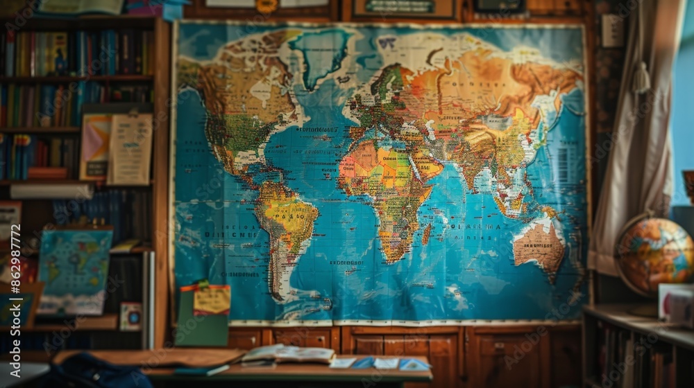 school board with a large world map, highlighted with pins and notes ...