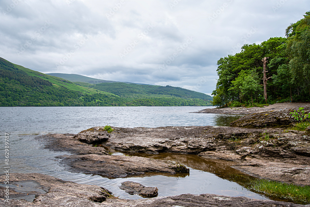 Landscape photography of lake shore, tree, boulder; rock, stone; rocky ...