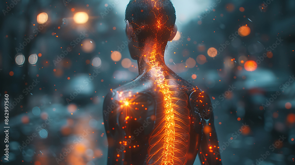 Man suffering spinal cord compression due to a herniated disc glowing ...