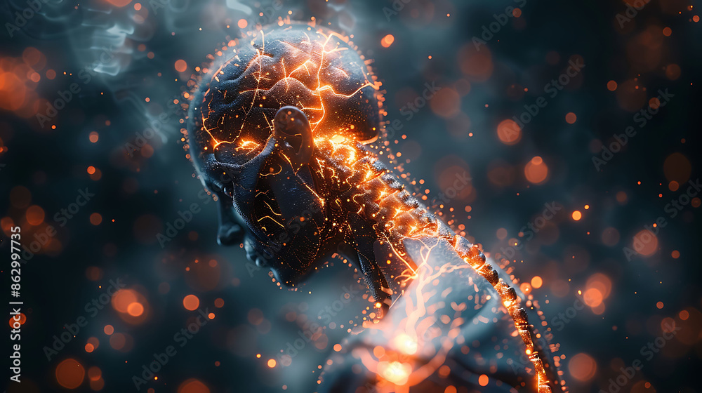 Man suffering spinal cord compression due to a herniated disc glowing ...