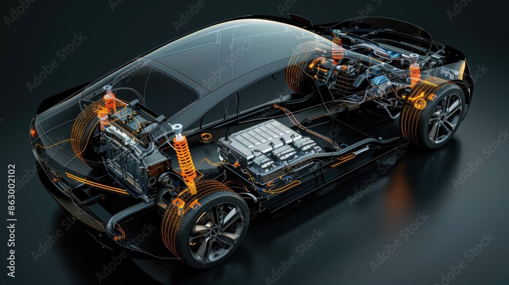 Electric car (generic model) technical cutaway 3d rendering with all ...