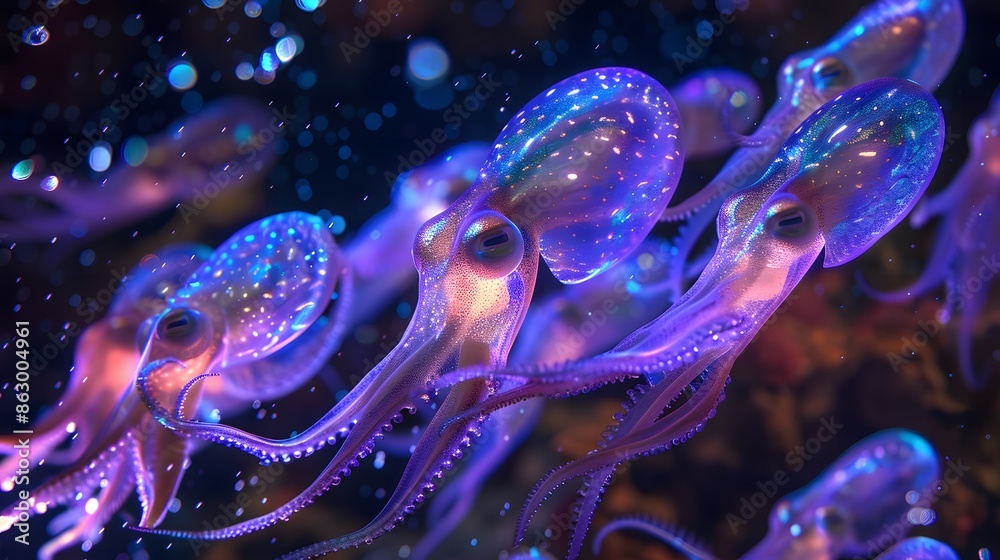 The image shows jellyfish and an octopus in an aquarium with various ...