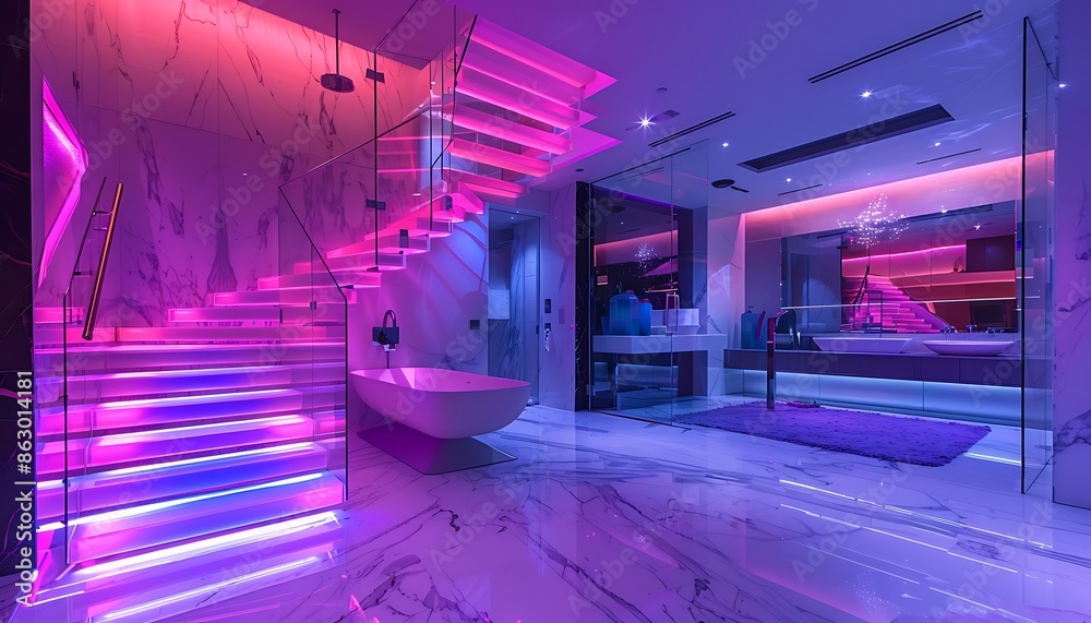 Stylish L-shape floating neon stairs with RGB LED under-tread lights ...