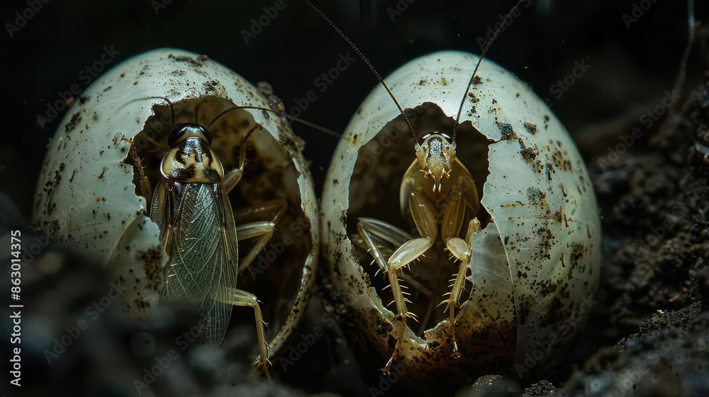 Sequence of a cockroach nymph emerging from an egg, set against a dark ...