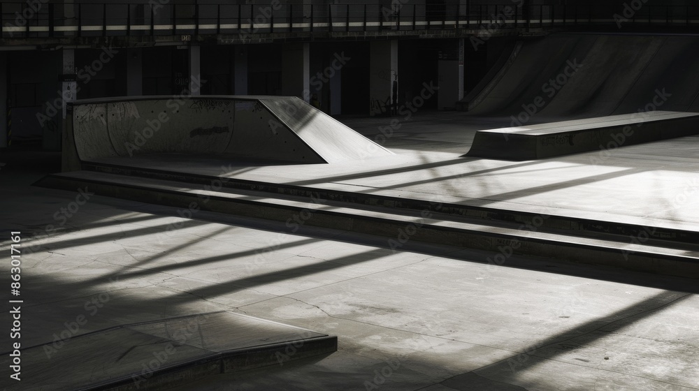 Mysterious depiction of an empty indoor skatepark, the concrete ramps ...