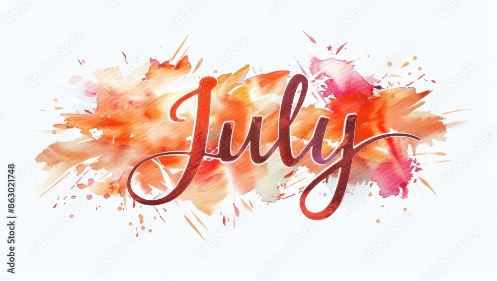 watercolor "July" in cursive on white background, clipart, realism ...