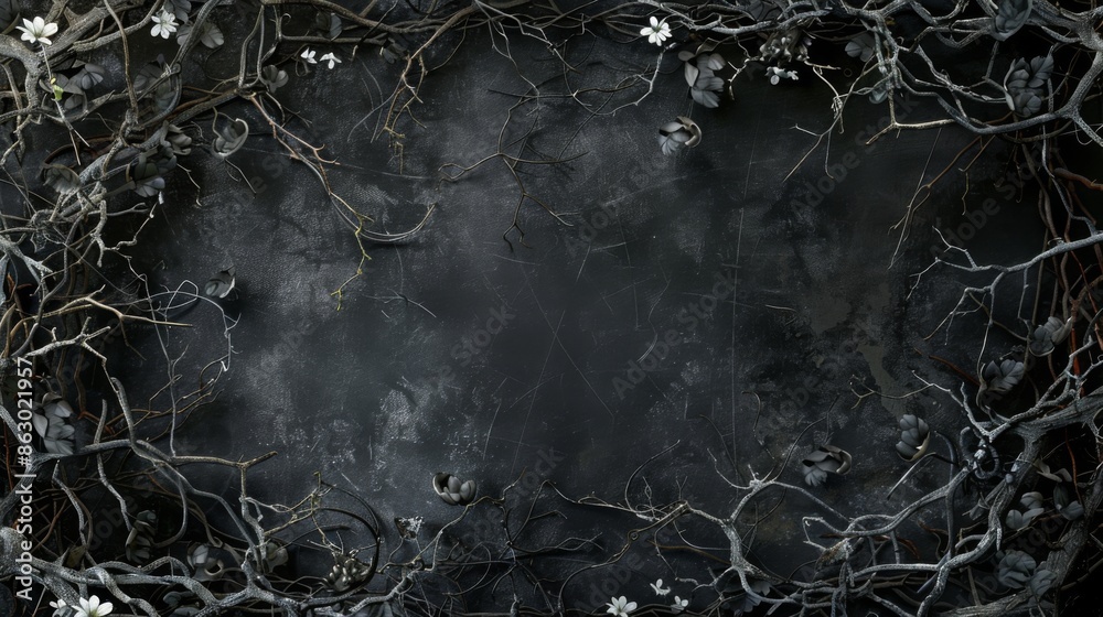 Dark fantasy Gothic backdrop framed with dry branches, thorns, ivy, and ...