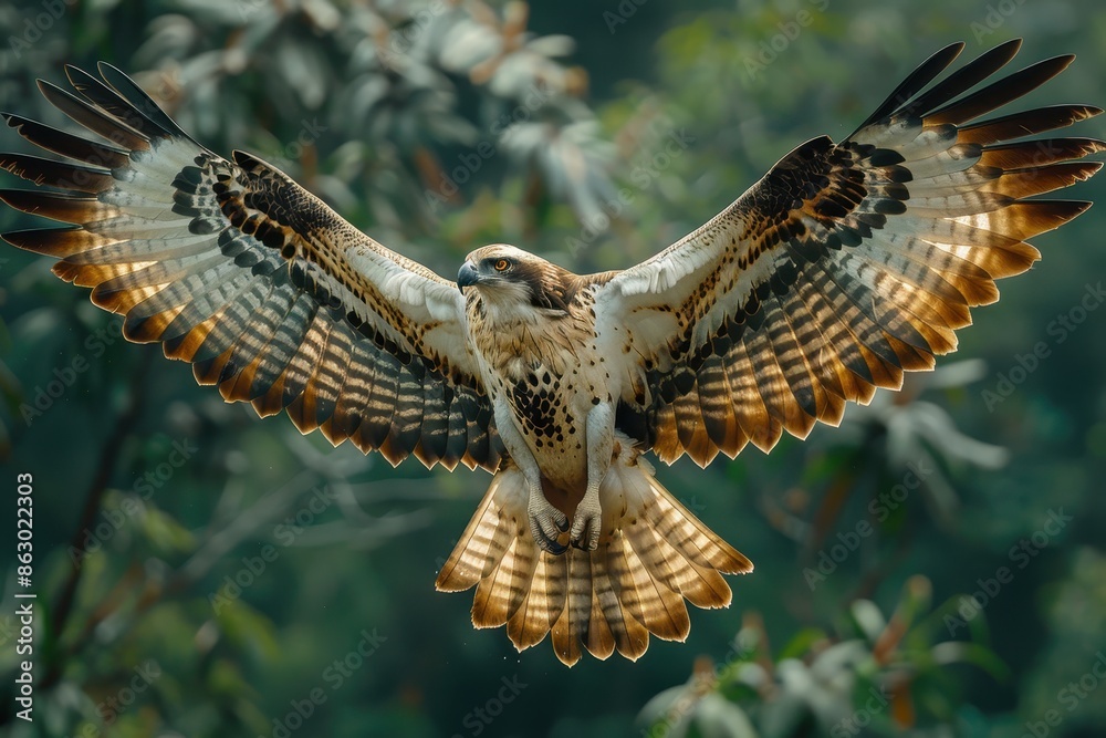 A Philippine eagle soaring high above a lush tropical forest, its ...